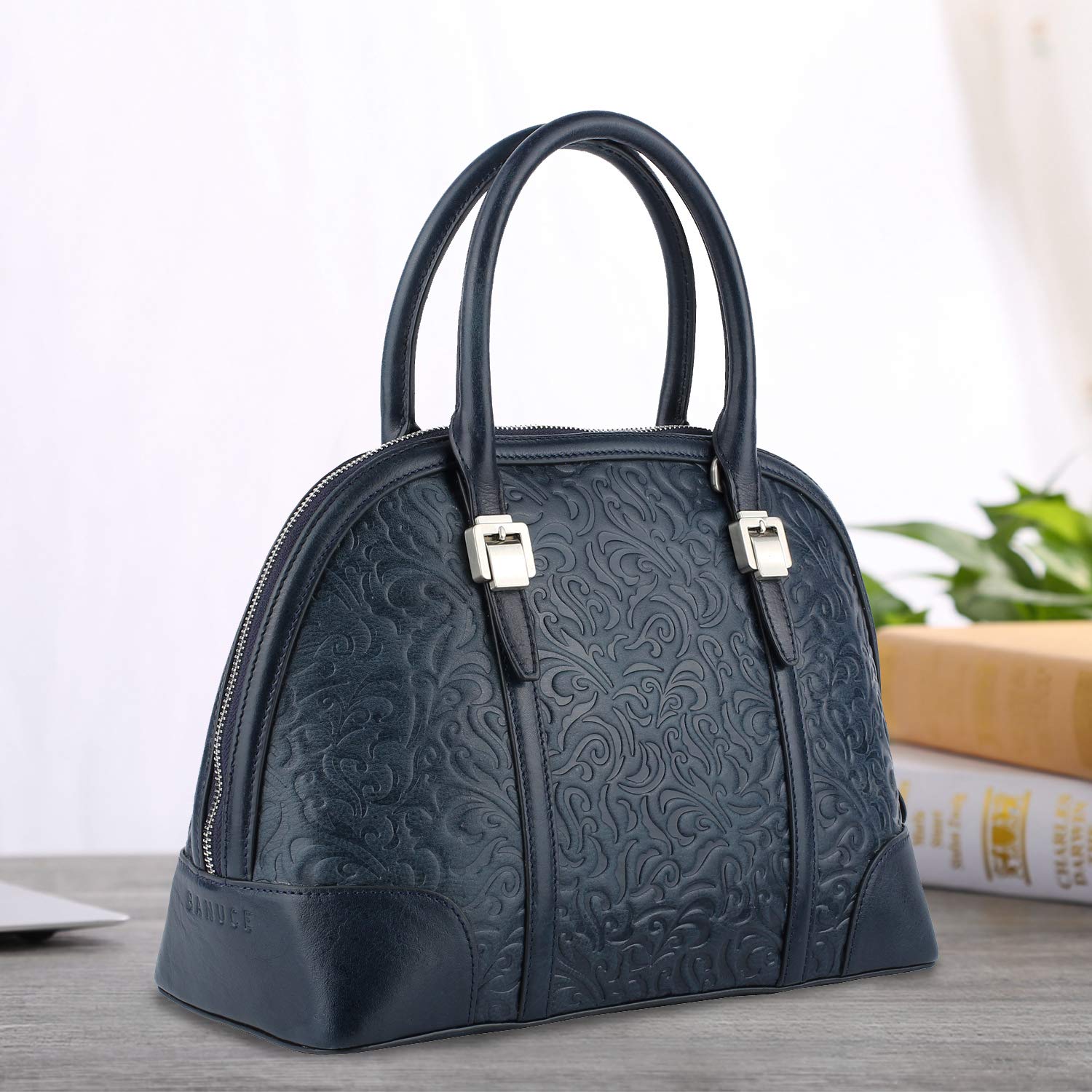 Banuce Blue Embossed Pattern Leather Handbags for Women Purse Shoulder Tote Bag