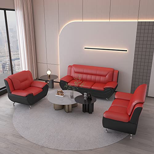 Container Furniture Direct Modern Style Faux Leather Sofa with Extra Comfortable Pillow Top Armrests Ideal for Living Room, Bedroom or Home Office Couch, 79.2ββ Wide, red/Black