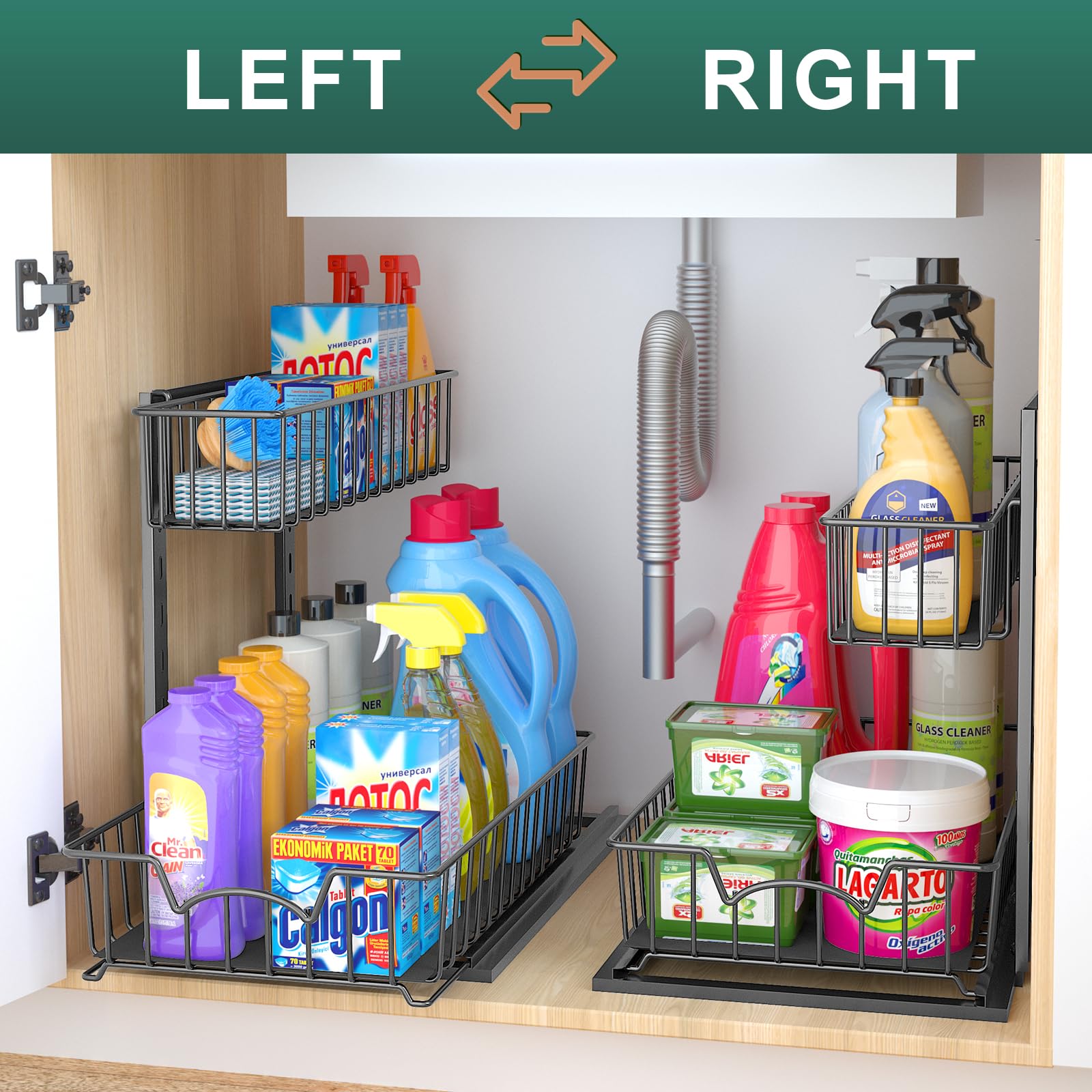 Beainbox Under Sink Organizer, Adjustable Metal Under Sink Storage, Put Out Sink Cabinet Organizer of Kitchen Bathroom