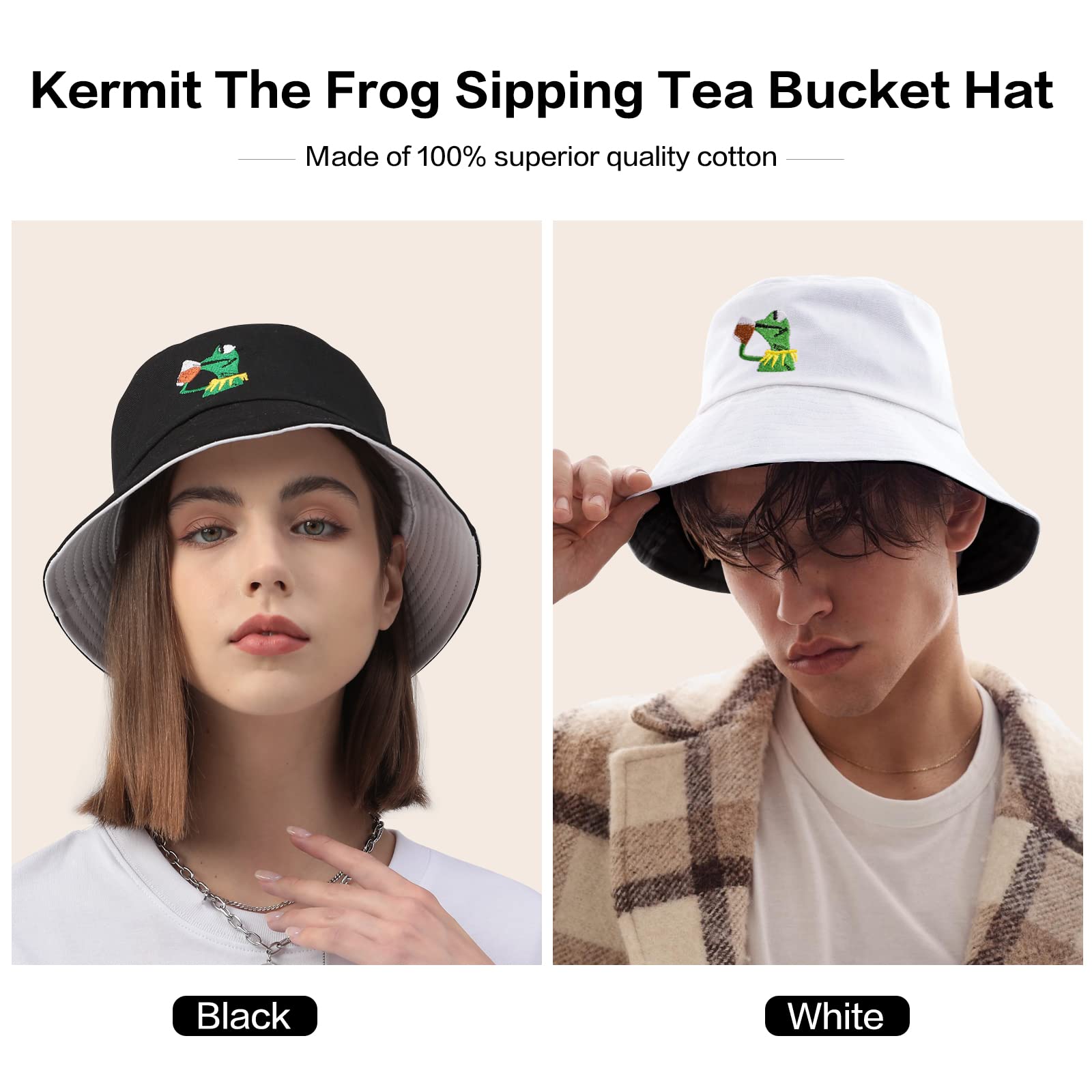 Bucket Hat for Women Men-kermit frog Embroidery Bucket Hat -Double Sided Wear Reversible Summer Sun Hat Black and White