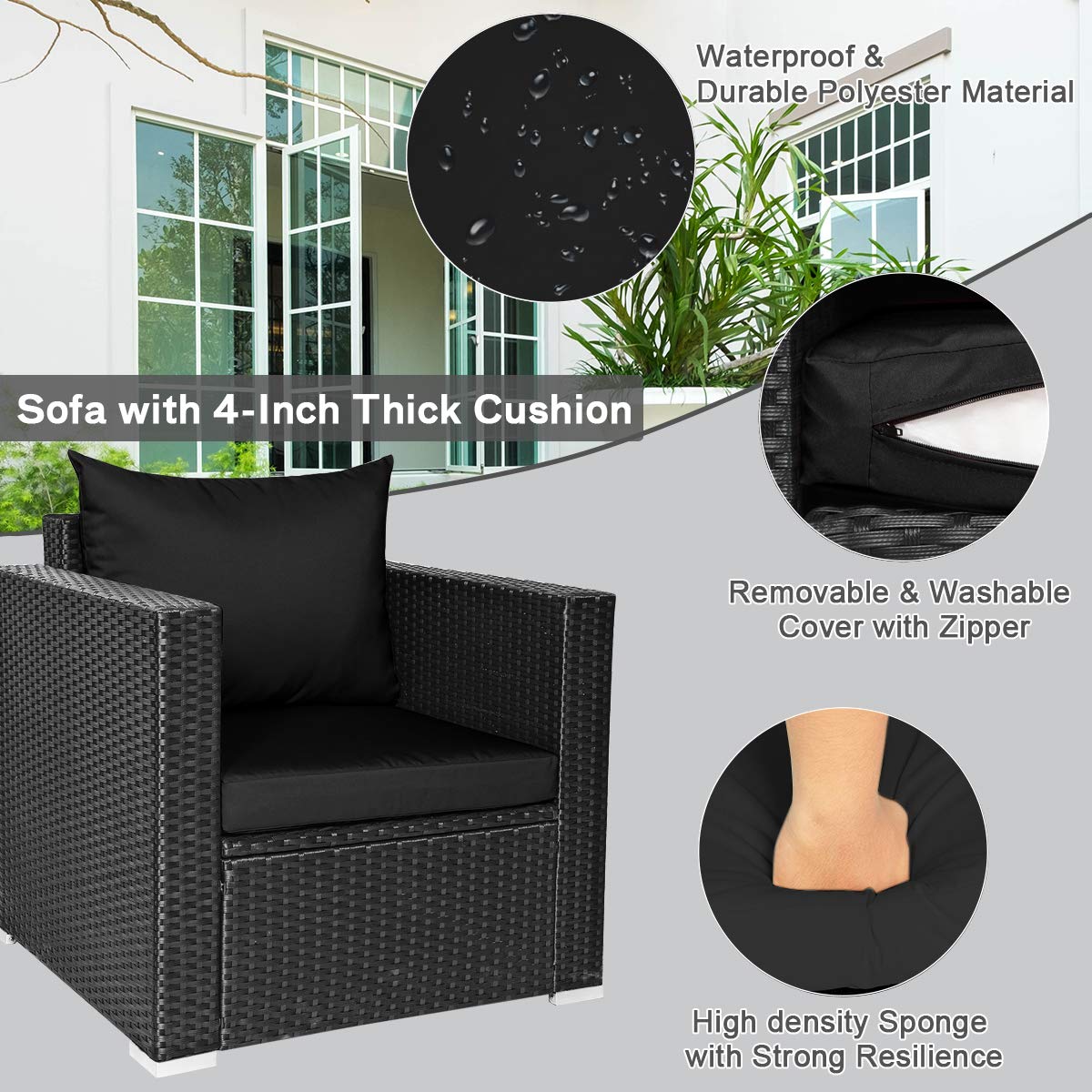DORTALA 4PCS Patio Rattan Furniture Set, Sofa Set w/Conversation Set w/Seat & Back Cushions, Outdoor Sectional Chair Set for Poolside, Black