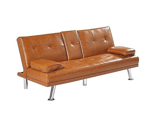 Convertible Folding Futon Sofa Bed with Metal Legs & 2 Cupholders, Modern Fabric Leather Upholstered Couch Loveseat Sleeper, Folding Couches Bed, Removable Armrests for for Small Spaces (Brown+New)