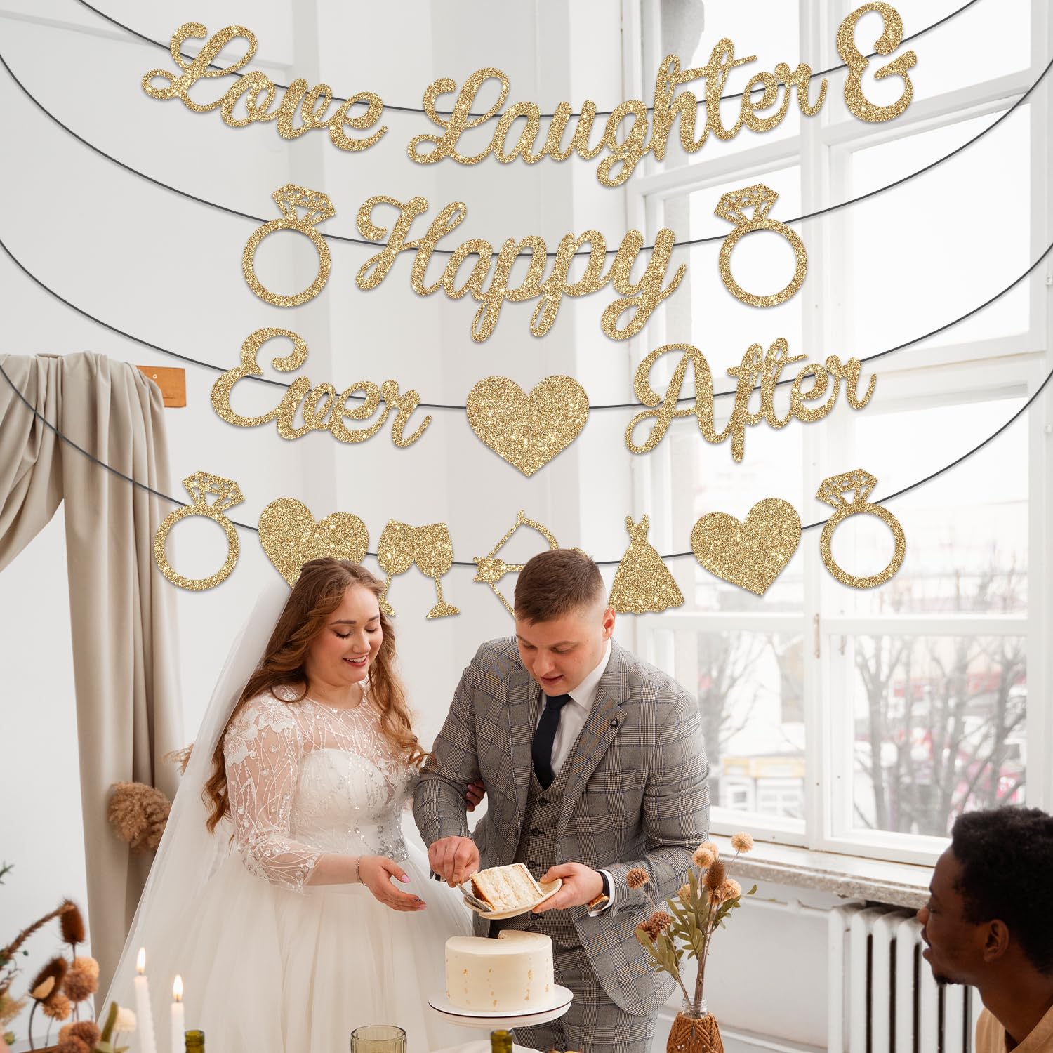 NO-DIY Love Laughter & Happily Ever After Banner, Gold Glitter Wedding Shower Decorations includes Bridal Shower Banner and Bridal Shower Decorations Garland for Bridal Wedding Decorations