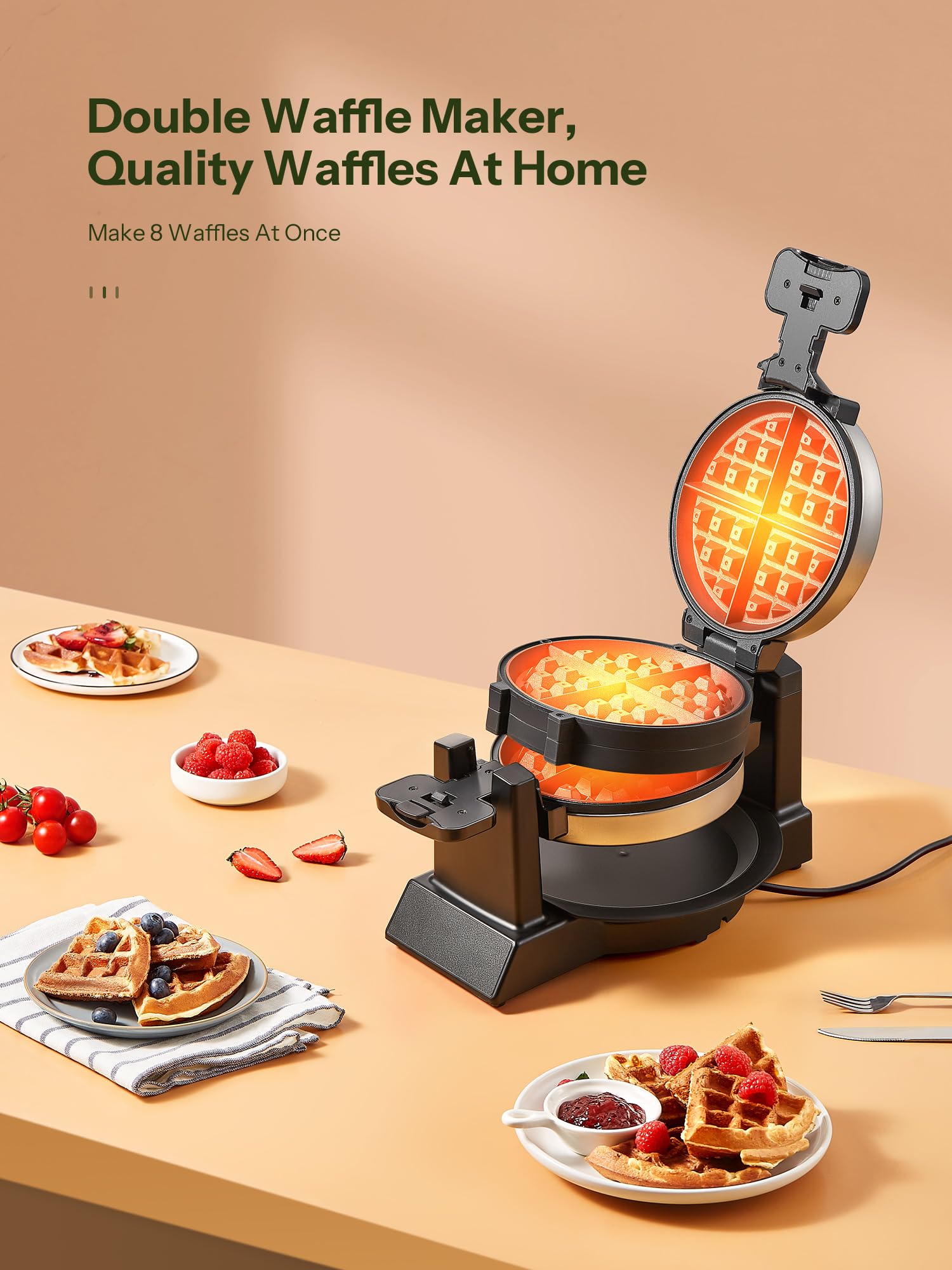 Classic Waffle Iron, Double Belgian Waffle Maker 180°Flip, 1400W Waffle Iron 8 Slices, Rotating & Nonstick Plates with Removable Drip Tray, Cool Touch Handles, Stainless Steel (8 Slices)