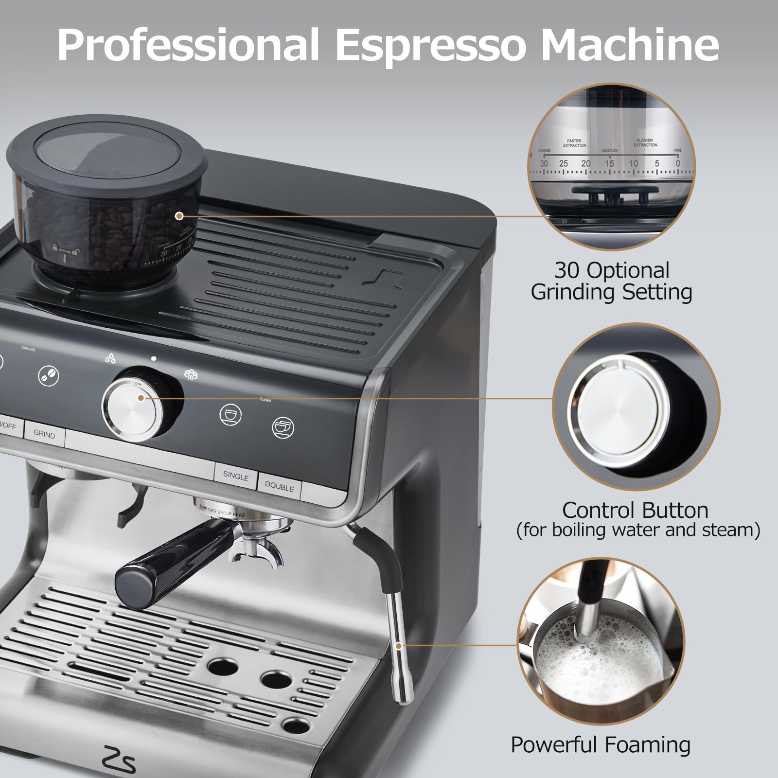 CuisinAid Espresso Machine, 20 Bar Coffee Maker with Milk Frother Steam Wand, Semi-Automatic Coffee Machine for Cappuccino, Latte, Fast Heating, Stainless Steel