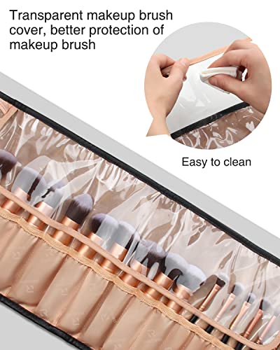 Relavel Makeup Brush Rolling Case Makeup Brush Bag Pouch Holder Cosmetic Bag Organizer Travel Portable Cosmetics Brushes Black Leather Case with Small Clear Bag