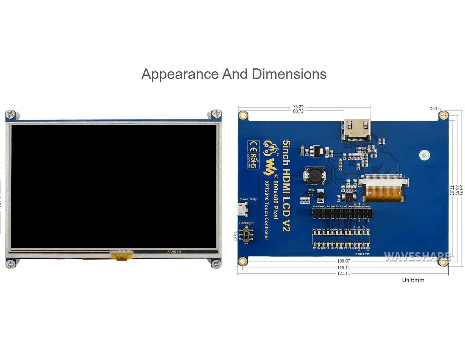 waveshare for Raspberry Pi 5 inch Resistive TFT Touch Screen 800x480 TFT LCD Display Touchscreen HDMI Module Kit Direct-Connect with Raspberry Pi 3 Model B B+, 2 Model B, 1 Model A A+