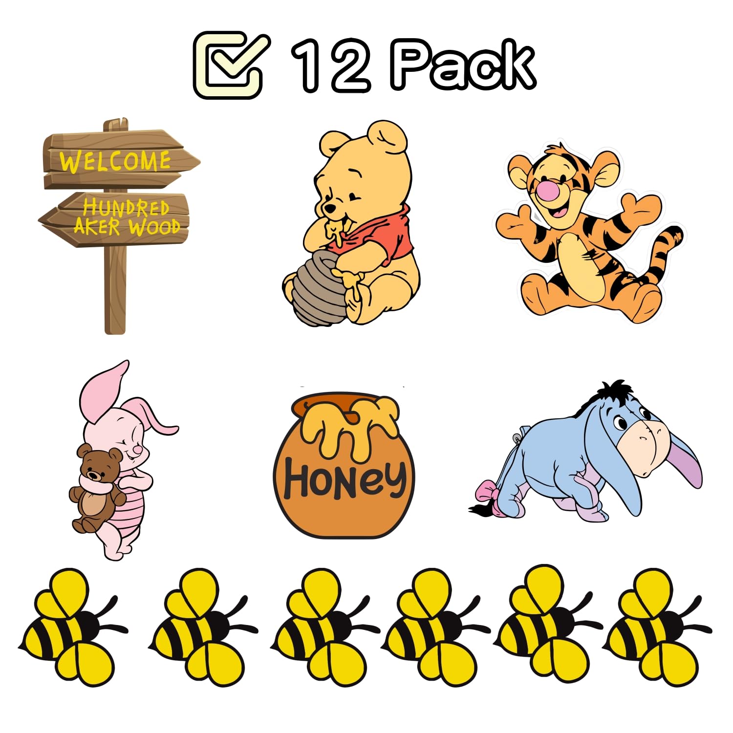 Classic Winnie Cake Topper Set Cute Baby Shower Birthday Cake Toppers Double-Side Pooh Cutouts(12 Pack)