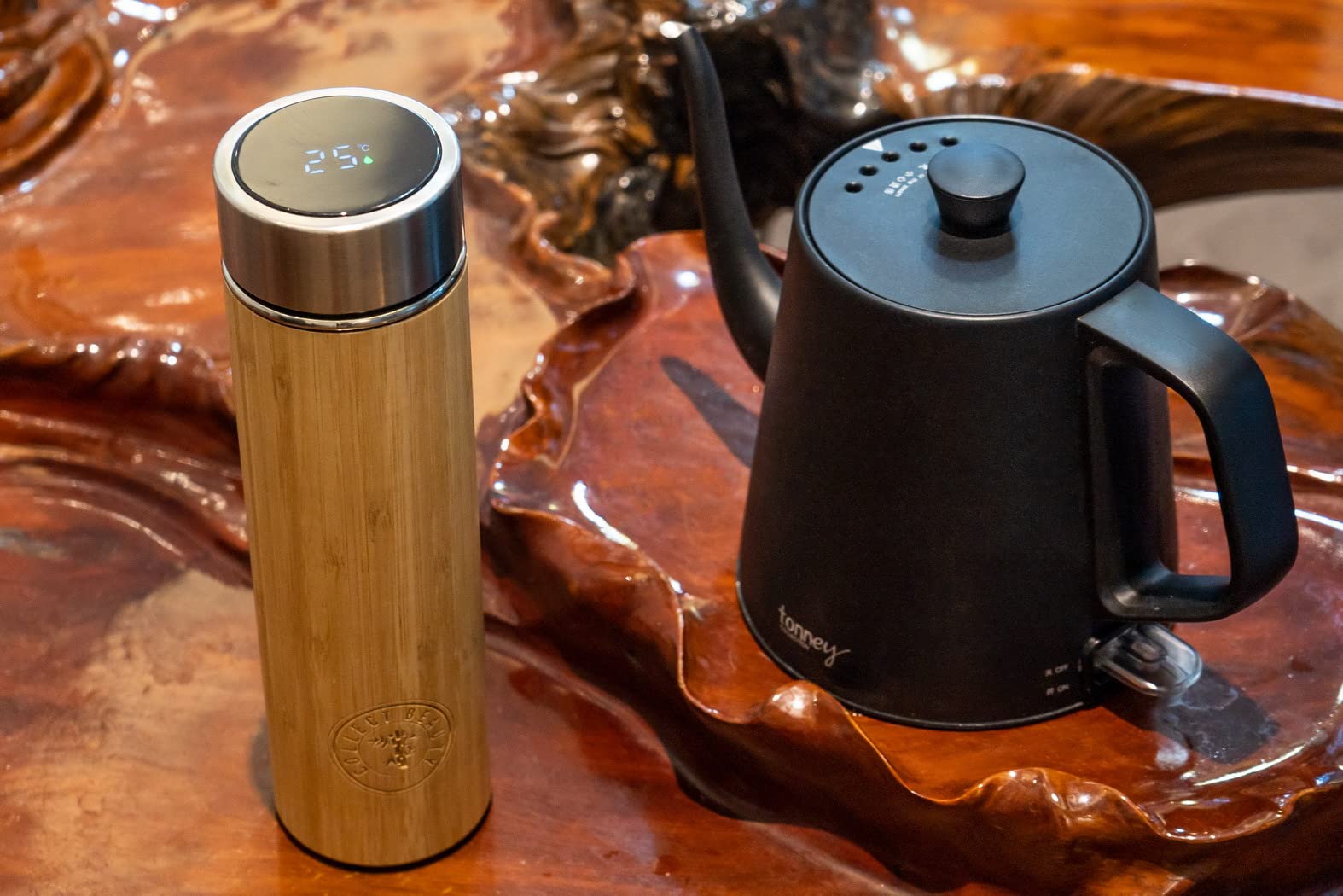 Bamboo Water Bottle with Tea Infuser Tumbler with LED Temperature Insulated Stainless Steel Thermos