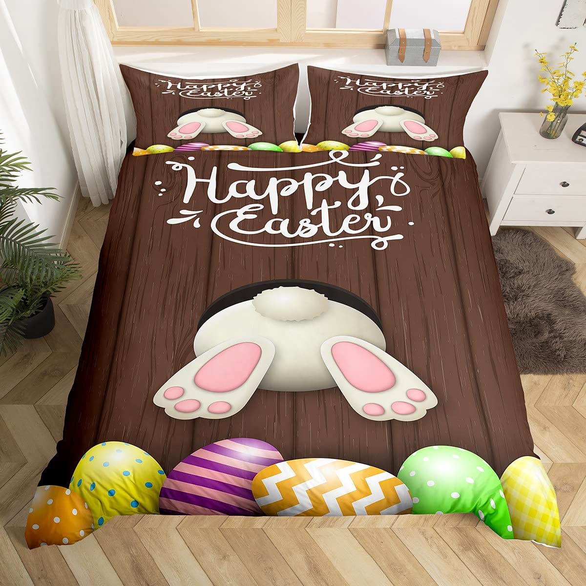 Cute Rabbit Bedding Set,Brown Wooden Duvet Cover for Kids Teen Boys Girls,Colorful Eggs Comforter Cover Decorative Room,Happy Easter Quilt Cover with 2 Pillowcases,King Size