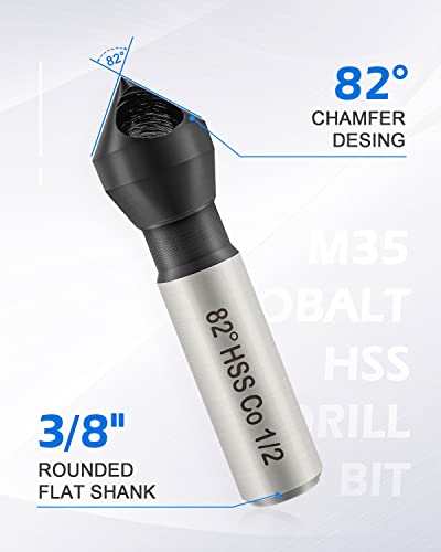 Countersink Drill Bit, TiAlN Coatied M35 Cobalt Steel Bit, 82 Degree Point Angle, 3/8" Round Shank, 1/2" Body Diameter for Hard Metal Wood Plastic Glass Deburring Chamfer Tool (82 Degree)