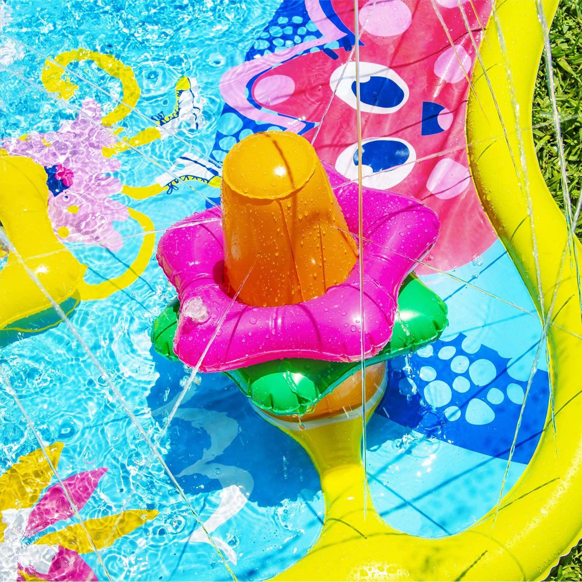 Banzai Splish 'N Splash Kids Inflatable Outdoor Water Park Play Mat with Water Slide, Rainbow Canopy, Starfish Stacker, and Sprinklers