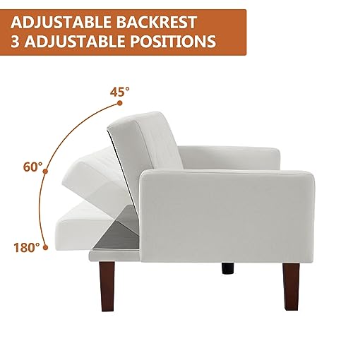 Fangflower Beige Tufted Back Sofa Bed Mid-Century Convertible Sleeper Futon with Tapered Wood Legs for Living Room Apartment Lounge