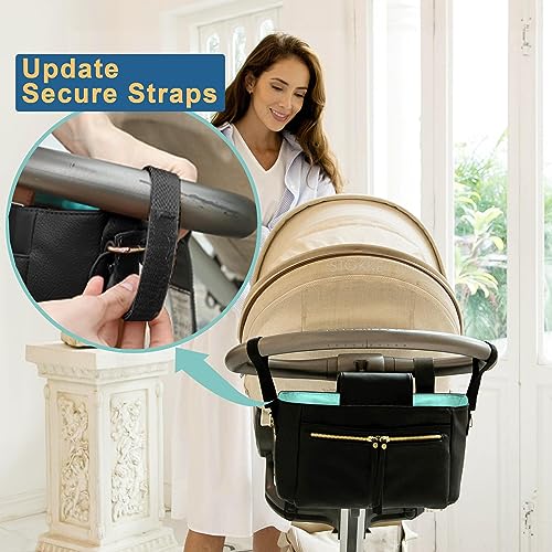 MOMINSIDE Stroller Organizer with Insulated Cup Holders, 10 Pockets Stroller Accessories Leather, Universal Stroller Caddy, Adjustable Straps, Zippered Pocket, Fit All Strollers (Black)