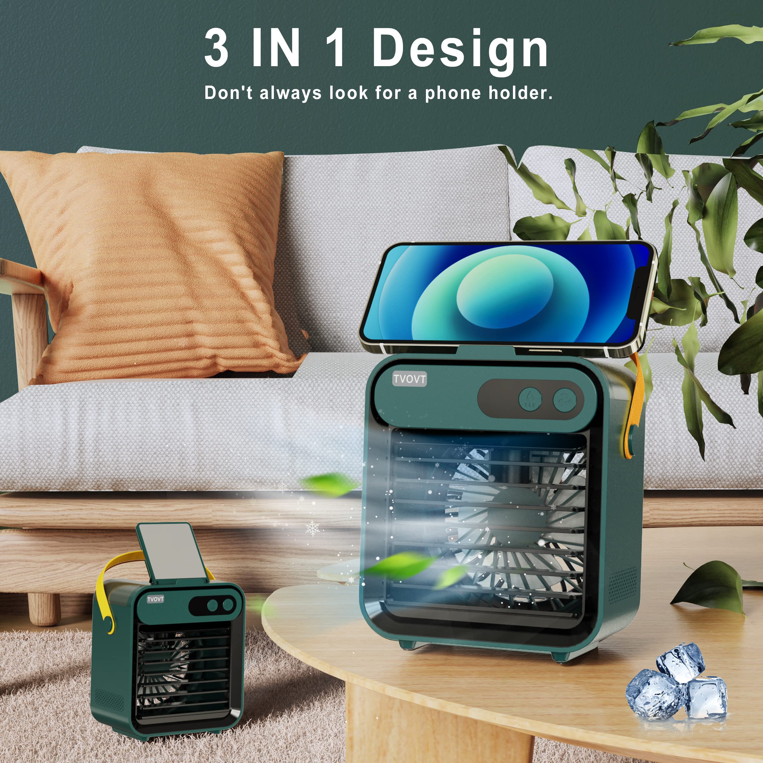 TVOVT Multifunction Portable Air Conditioner: 3-IN-1 Desige USB Powered Desktop Cooler Fan with 2 Spray Modes and 3 Wind Speeds for Home and Office, with Silicone-ice-Tray and Foldable-Funnel