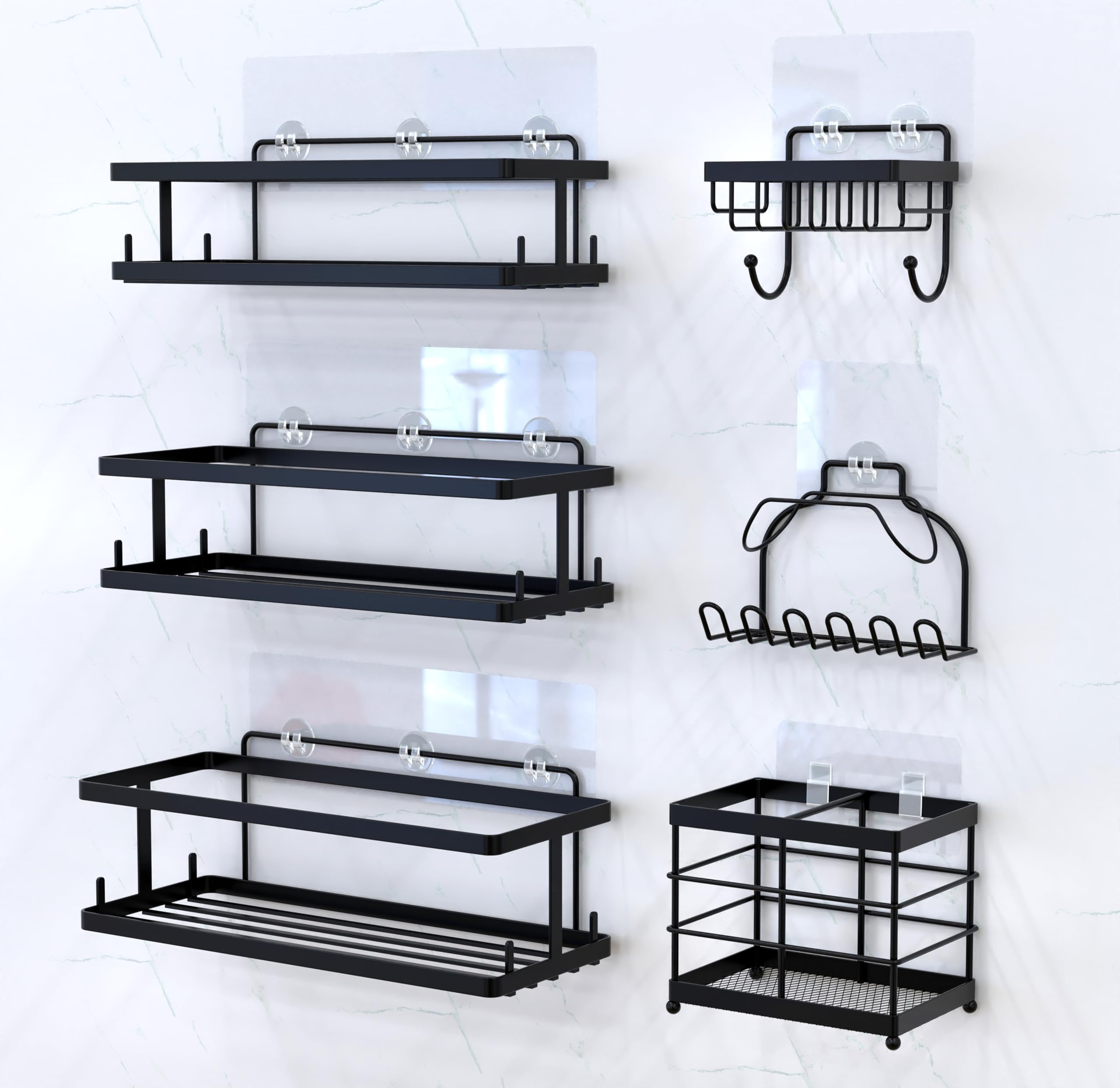 Comelyjewel 6 Pack Bathroom Adhesive Shower Shelves for Tile Wall Toiletry Kitchen Organizer and Large Capacity Bathtub Essentials Wall Rack Suction Shower Caddy for Inside Shower Storage