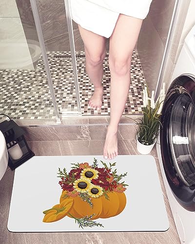 KITHOME Bath Mat for Bathroom Non Slip Thanksgiving Pumpkin Sunflowers Diatomaceous Earth Bath Mats Highly Absorbent Door Mat Diatom Mud Washable Bathroom Mat for Tub Shower 16x24 Inch