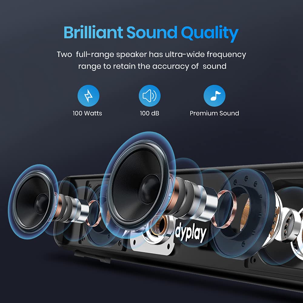 Sound Bars for TV, Dyplay 20-Inch Small Bluetooth 5.0 Soundbar, Built-in DSP, 100W 4 Equalizer Modes Audio, HDMI/Optical/AUX/TF/USB Connection for TV, Smartphones, PC, Home Theater, Gaming, Projectors
