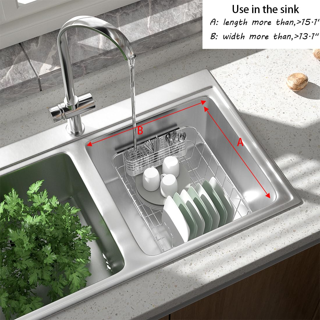ESBOLM Dish Drainers for Inside Sink - Adjustable Over Sink Stainless Steel Dish Rack,Expandable 15.1" to 21.28" Dish Drying Rack,with Utensil Holder-X-Large(for 3-6 People)