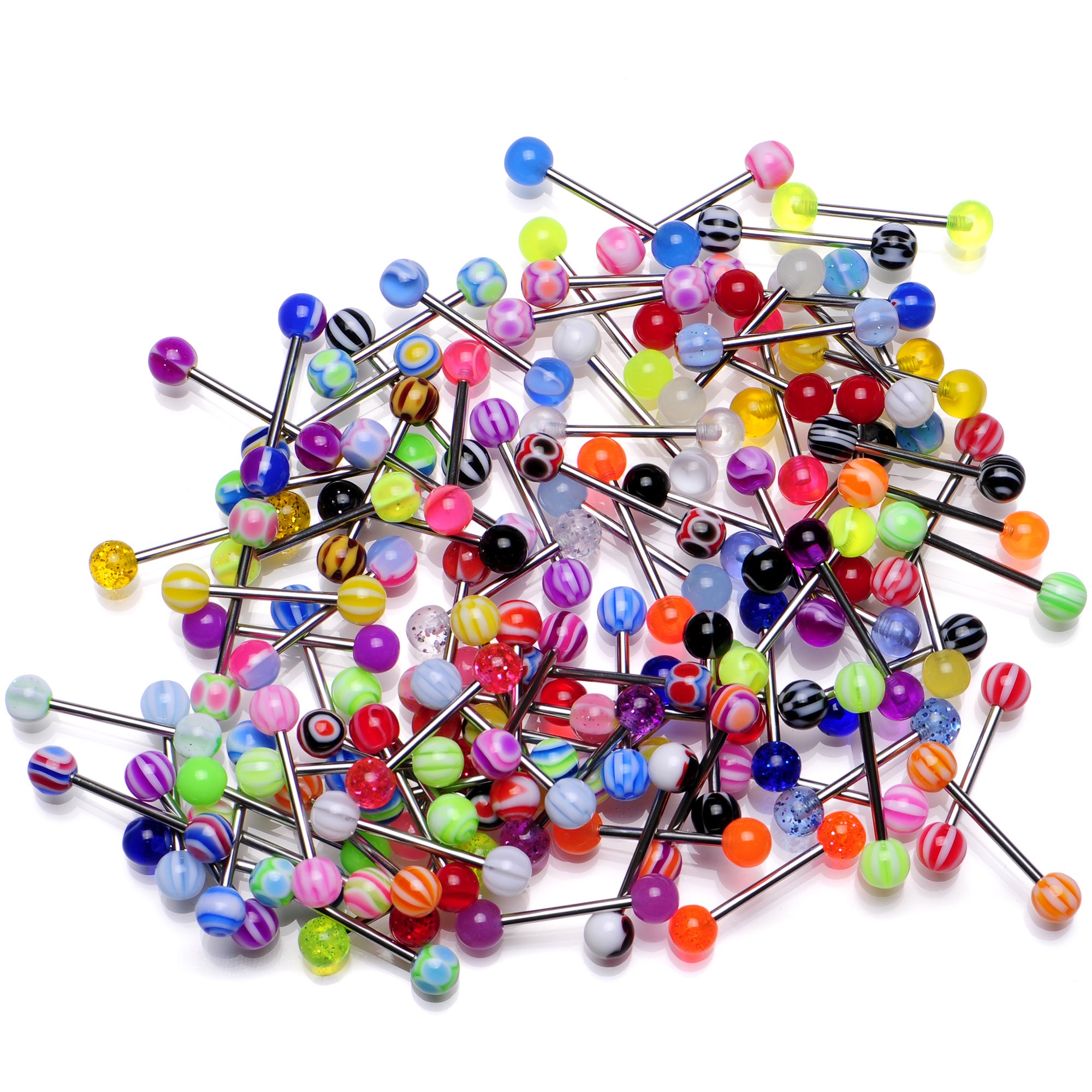 Body Candy 100 Different Stainless Steel UV Acrylic Ball Barbell Tongue Rings 14 Gauge 5/8"