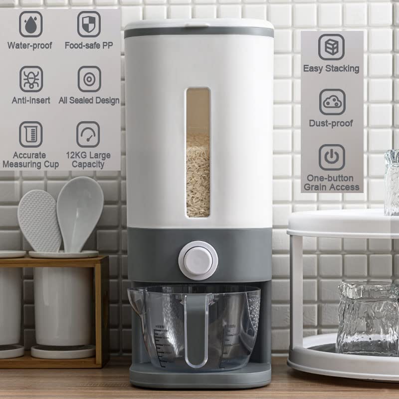 J-hong 25 Lbs Rice Dispenser, Large Grain Container Storage with Lid Measuring Cylinder Moisture Proof Household Cereal Dispenser Bucket for Kitchen wide range of grains