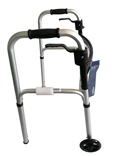 HEALTHLINE 2 Wheel Walker for Seniors & Adults - Deluxe Lightweight Foldable Walker with Wheels 5" up to 350 lbs and Free 2 Pair of Rear Glides & Triggers (Red)