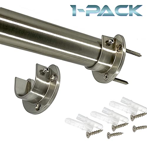 Desunia 48" Satin Nickel Round Closet Rod & Support Flanges | 1 5/16" Diameter | Heavy Duty Round Clothes Pole | 1 Complete Kit