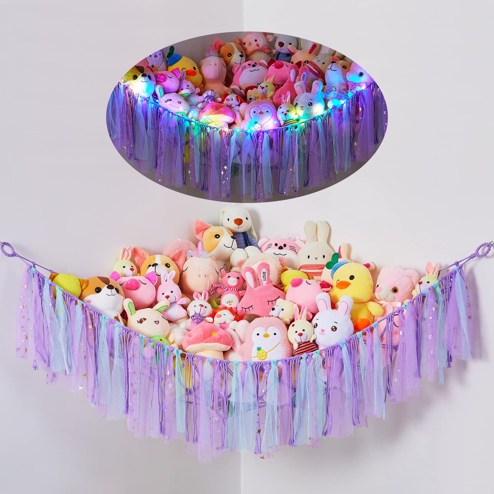 Beinou Stuffed Animals Net or Hammock Hanging Plush Toy Hammock with LED Lights Colorful Tassels Hammock for Stuffed Animals for Kids Playroom Nursery Decor
