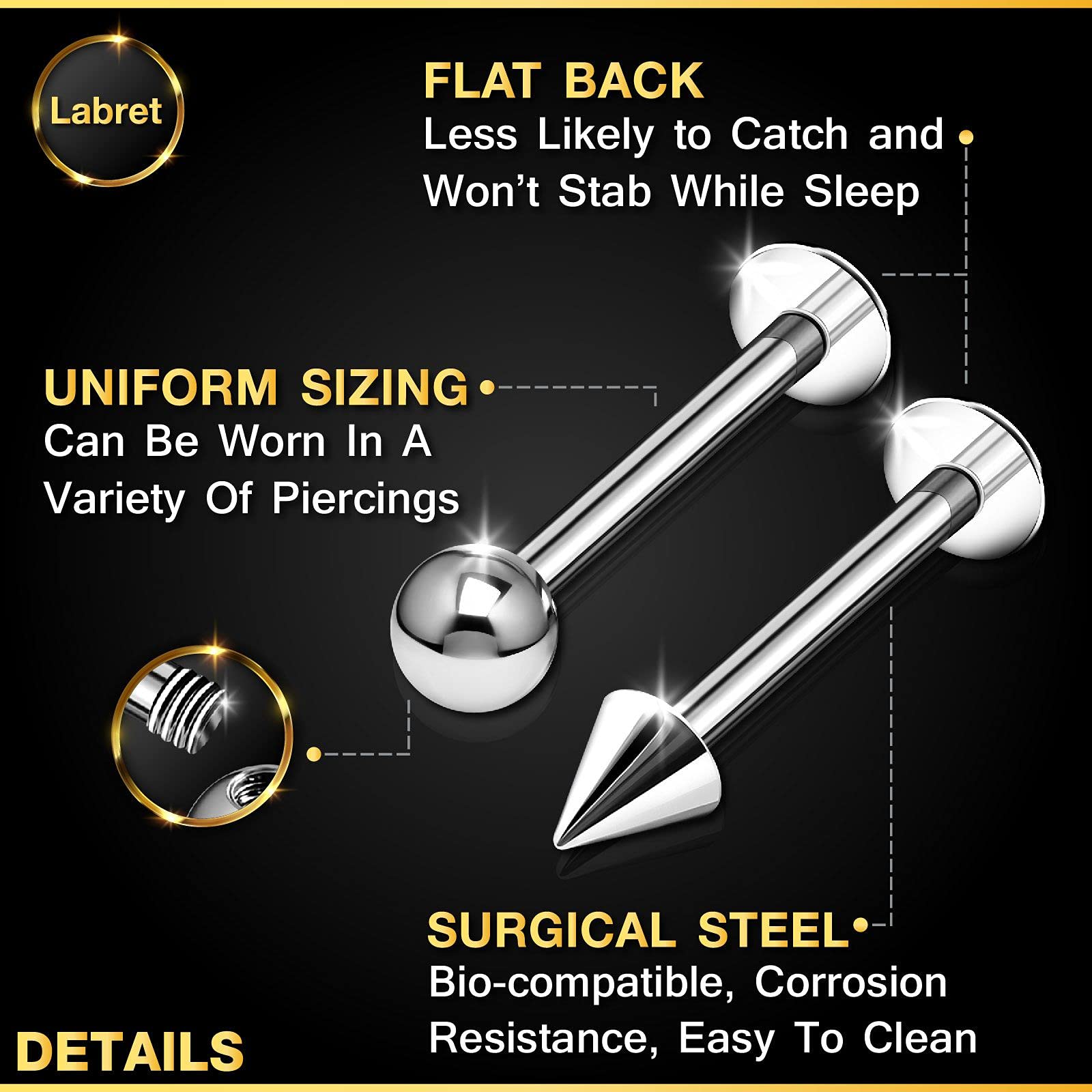 BanaVega 4PCS Stainless Steel Black Lip Ring Studs 14g 1/2 12mm 3mm Ball Spike Monroe Earrings Vertical Labret Piercing Jewelry 8028