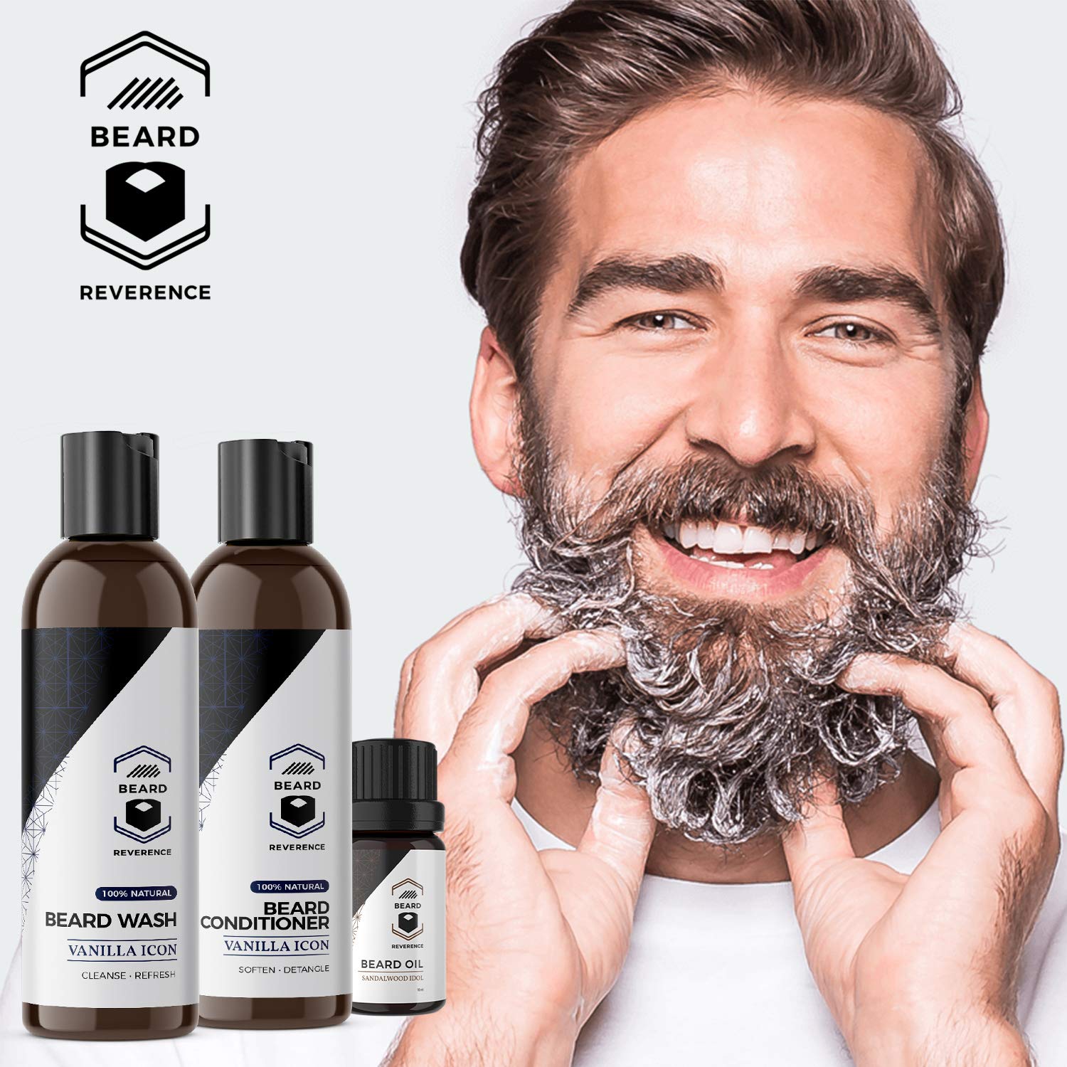 Beard Shampoo & Conditioner Set β Includes Free Beard Oil - All Natural Beard Care Softener for Beard Growth w/Argan and Jojoba Oils - Vanilla Scent β 5oz each
