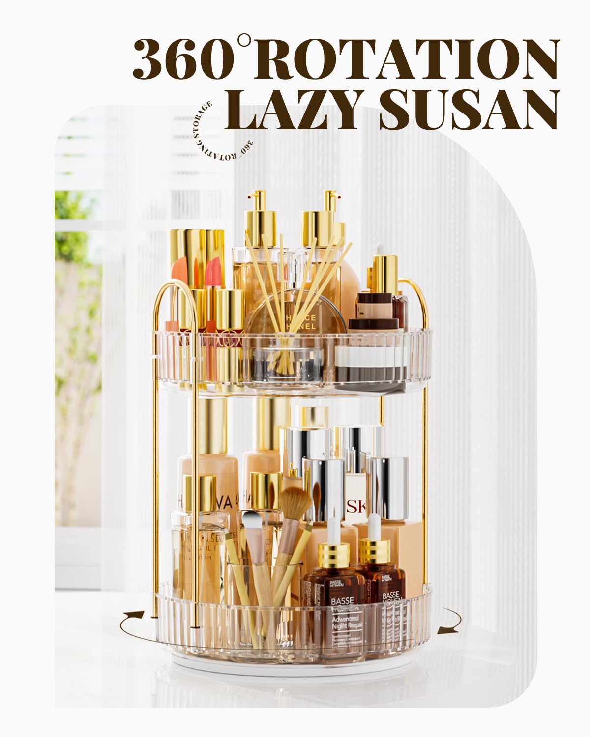 Devokimi Bathroom Organizer Countertop, Rotating Makeup Organizer for Vanity, 2-Tier Make Up Organizers and Storage, Vanity Tray Shelf for Cosmetic, Skin Care, Lotions (Clear)