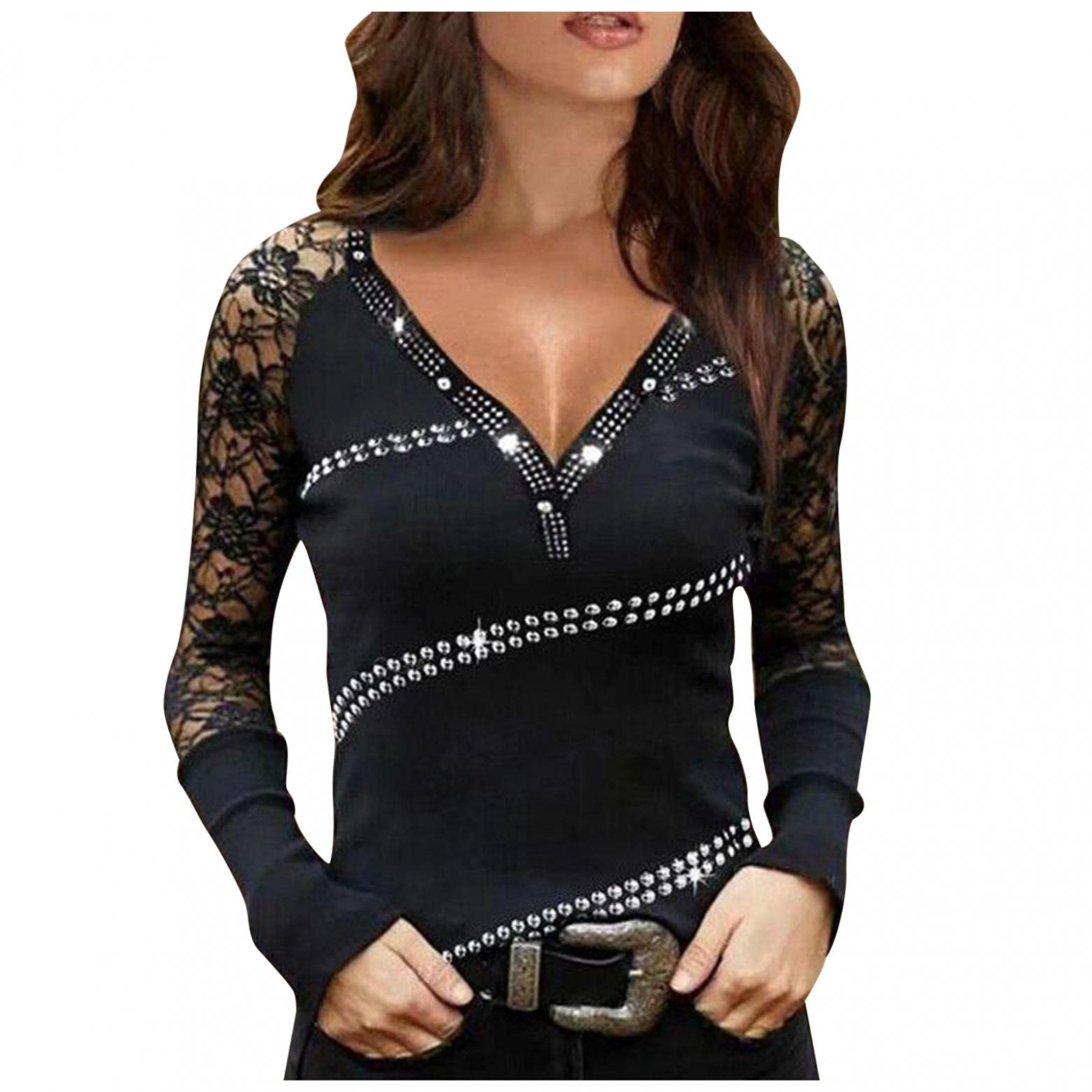 Padaleks Sweatshirts for Women,Women's Casual Pullover Lace Rhinestine V Neck Long Sleeve Blouse Sexy Fall Tops