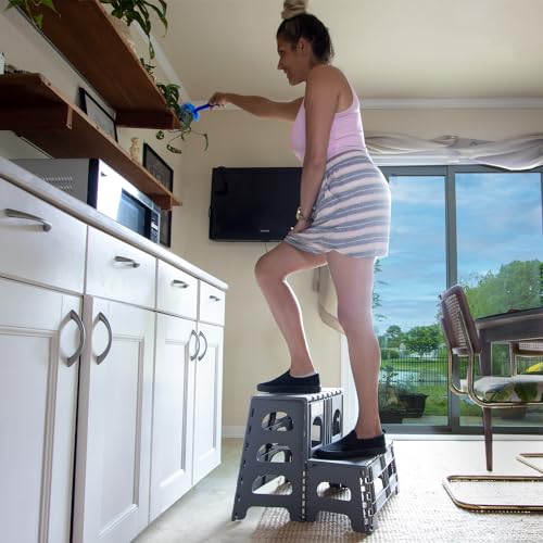 Bee Neat 2 Step Foldable Step Stool for Office, Garage, Library, Closet, Bathroom and Porch – Collapsible Step Stool Ladder for Adults and Kids, Supports 200lbs - Gray
