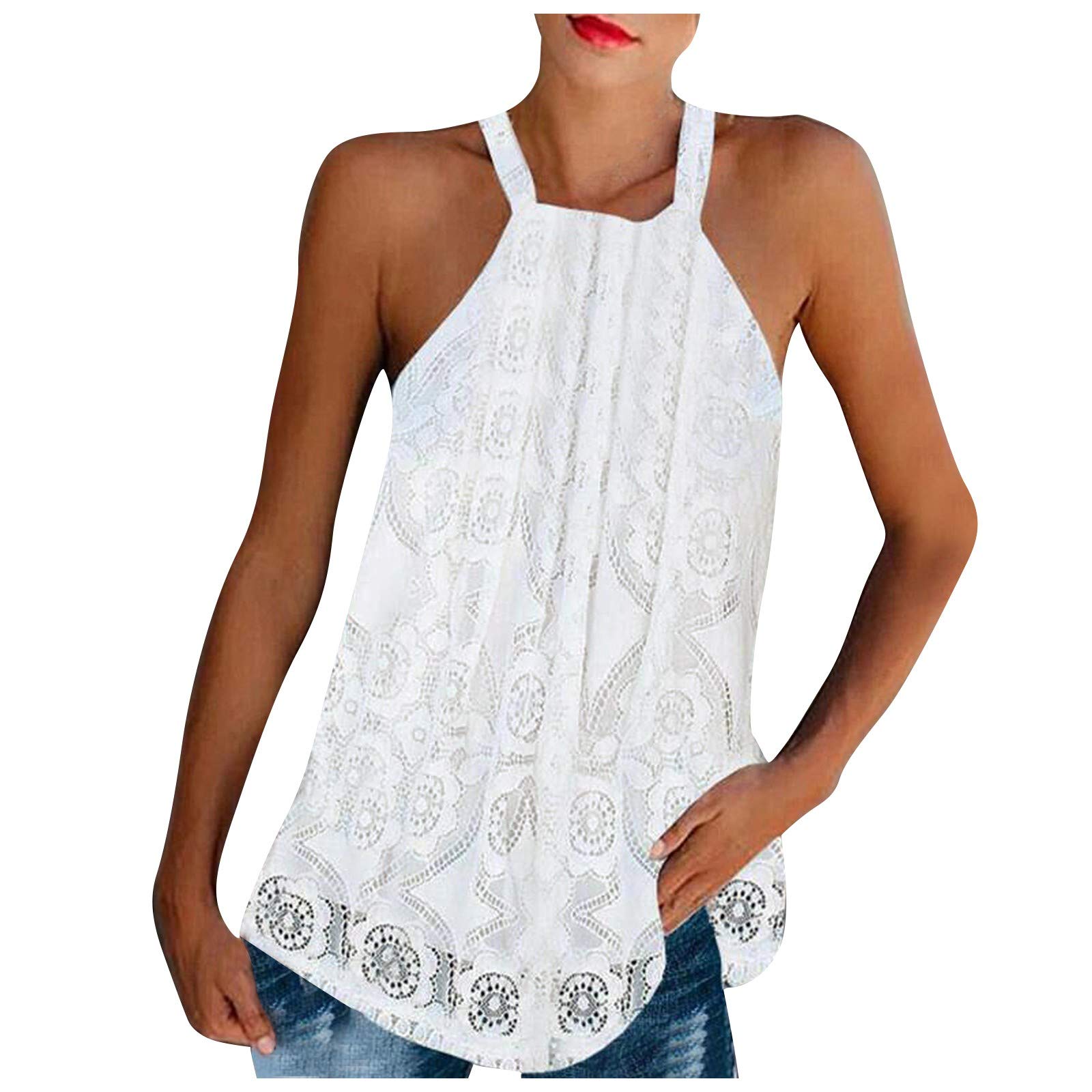 Padaleks Women's Colorblock O Neck Strappy Camisole Tank Tops Cold Shoulder Loose Casual Sleeveless Shirts Blouses