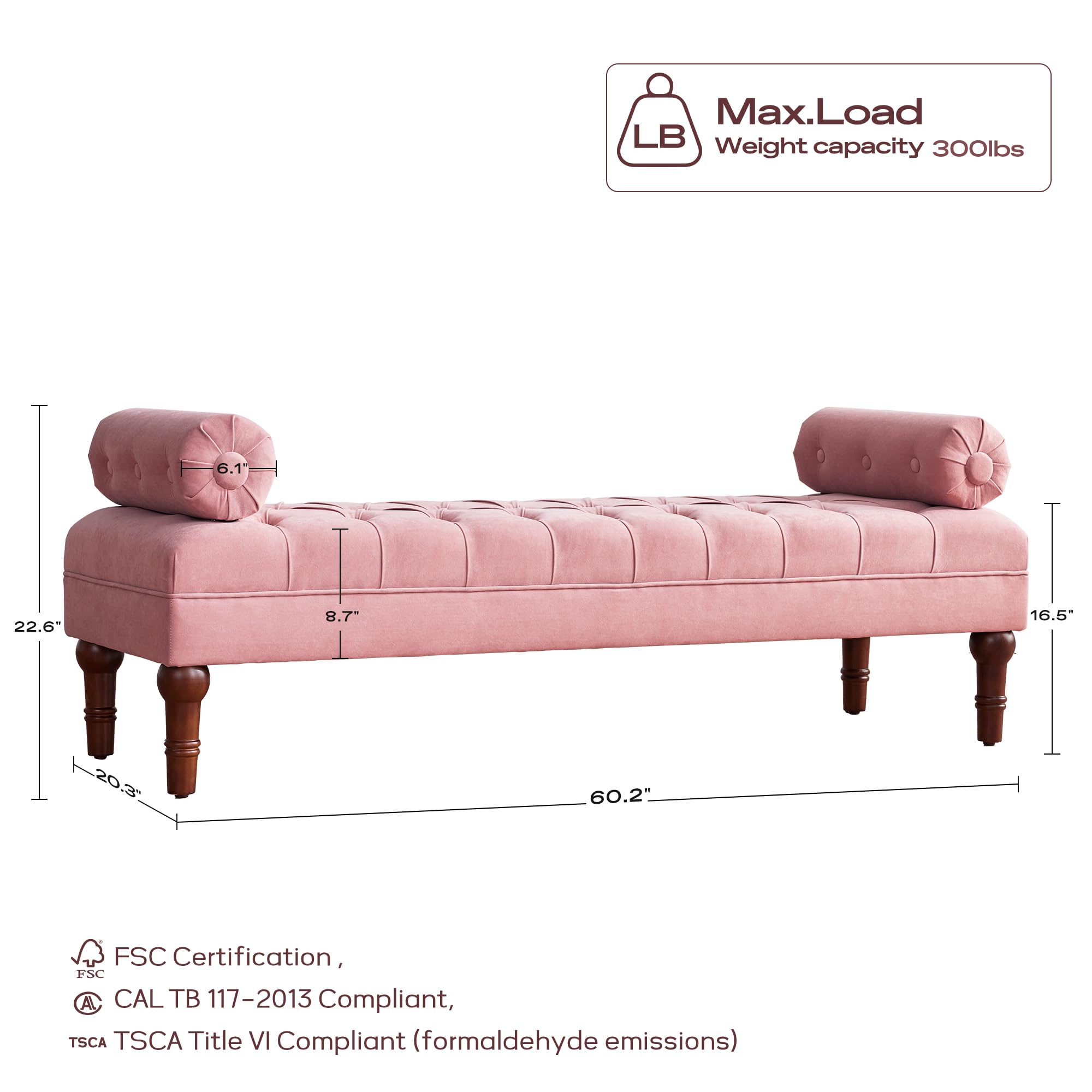 Batohom 60.2" End of Bed Bench,Large Size Bedroom Bench,Upholstered Window Bench with Button-Tufted,Entryway Bench,Storage Bench for Living Room(Pink)