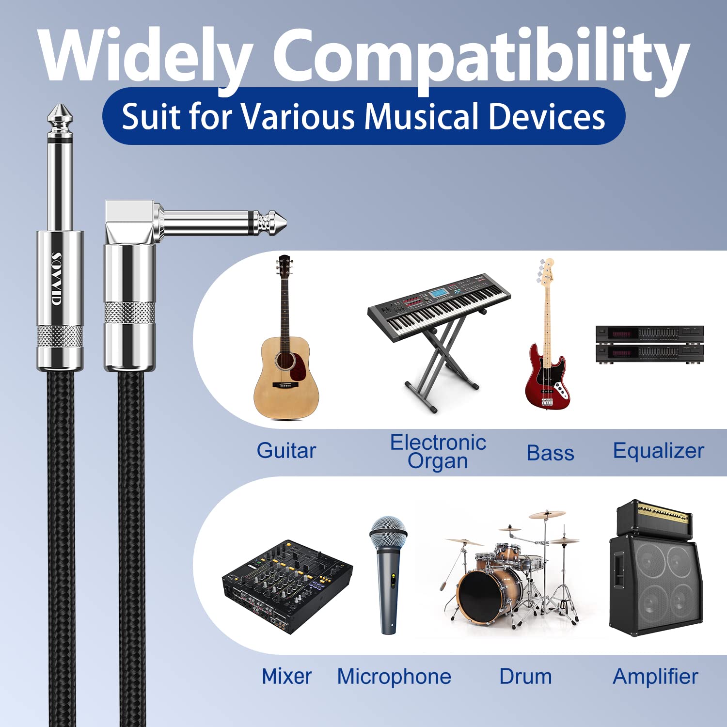 Sovvid Guitar Cable 10FT Professional Instrument Cable Electric Guitar AMP Cord Updated Version 1/4 TS Cable for Guitar Bass Mandolin Keyboard and Pro Audio, Right Angle to Straight (Black White)