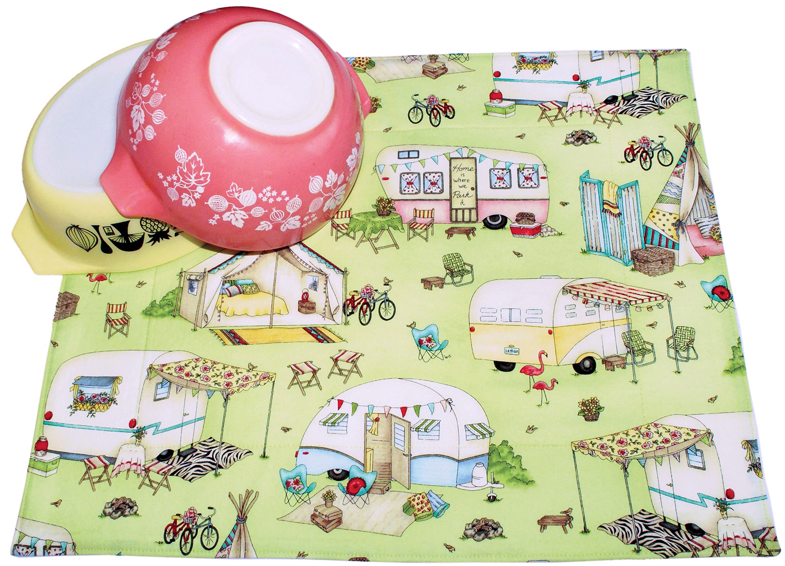 Camping Scenes on Green Coffee Station Mat - Dish Drying Mat - Pet Placemat - Appliance Mat - Camper Mat - 16 x 20 Inches - Handmade by Green Acorn Kitchen