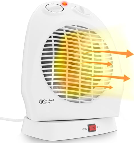 Comfort Zone Oscillating Space Heater with Adjustable Thermostat, Desktop, Fan-Forced, Portable, Overheat Sensor, Tip-Over Switch, Stay-Cool Housing, Ideal for Home, Bedroom, Office, 1,500W, CZ50