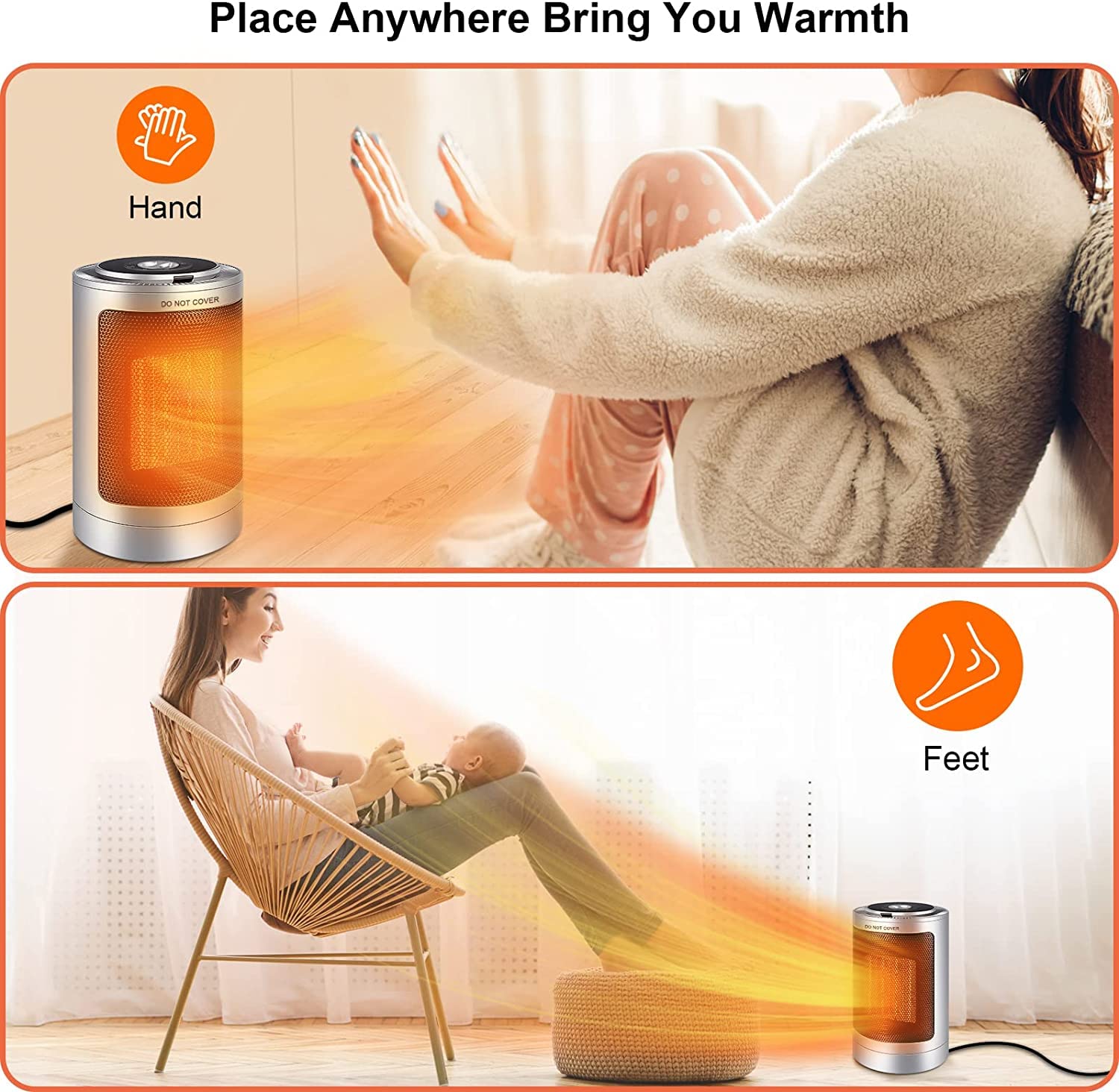 Space Heater, 1500W Ceramic Quiet Room Heater with Adjustable Thermostat, Tip-Over and Overheat Protection, Portable Electric Heater for Office Bedroom Indoors