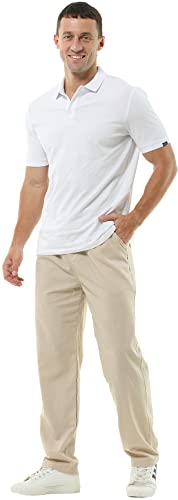 HOEREV Men Casual Beach Trousers Linen Summer Pants, Beige, Large