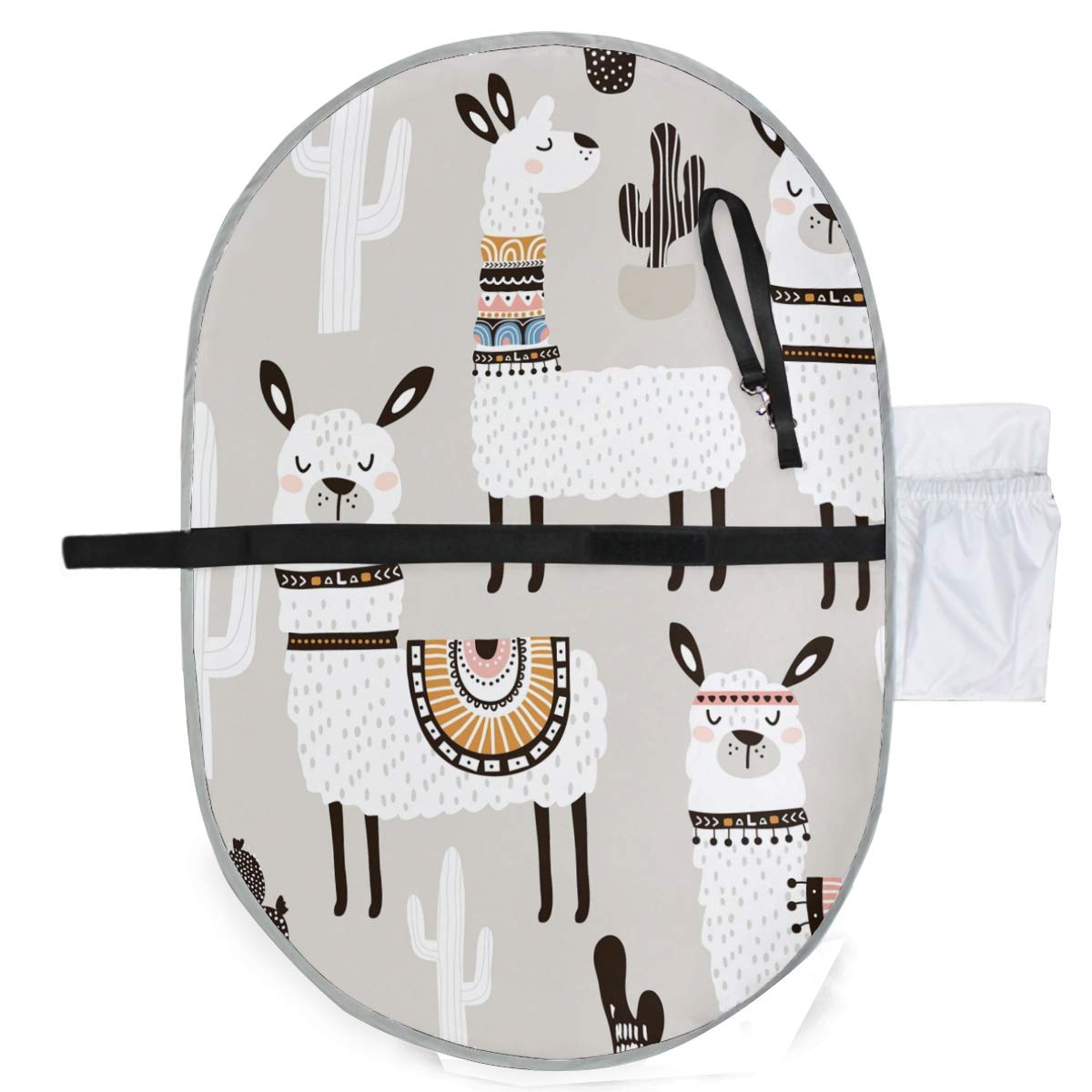 White Llama And Cactus Baby Changing Pad, Portable Diaper Changing Pad, Diaper Bag Mat, Foldable Travel Changing Station | Stroller Strap,Side Pocket For Wipes Diaper| For Infants & Newborn