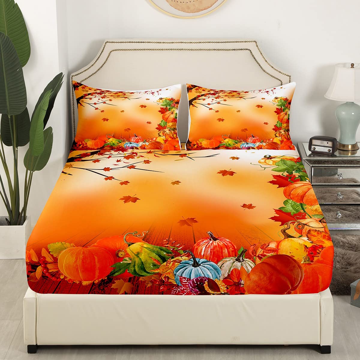 Fall Pumpkin Bed Sheets Set Halloween Themed Sheet Set Boys Girls Maple Leaves Decor Sheets with Deep Pocket Fitted Sheet Microfiber Pumpkin Festival Bed ing Set Bed OOM Full Size