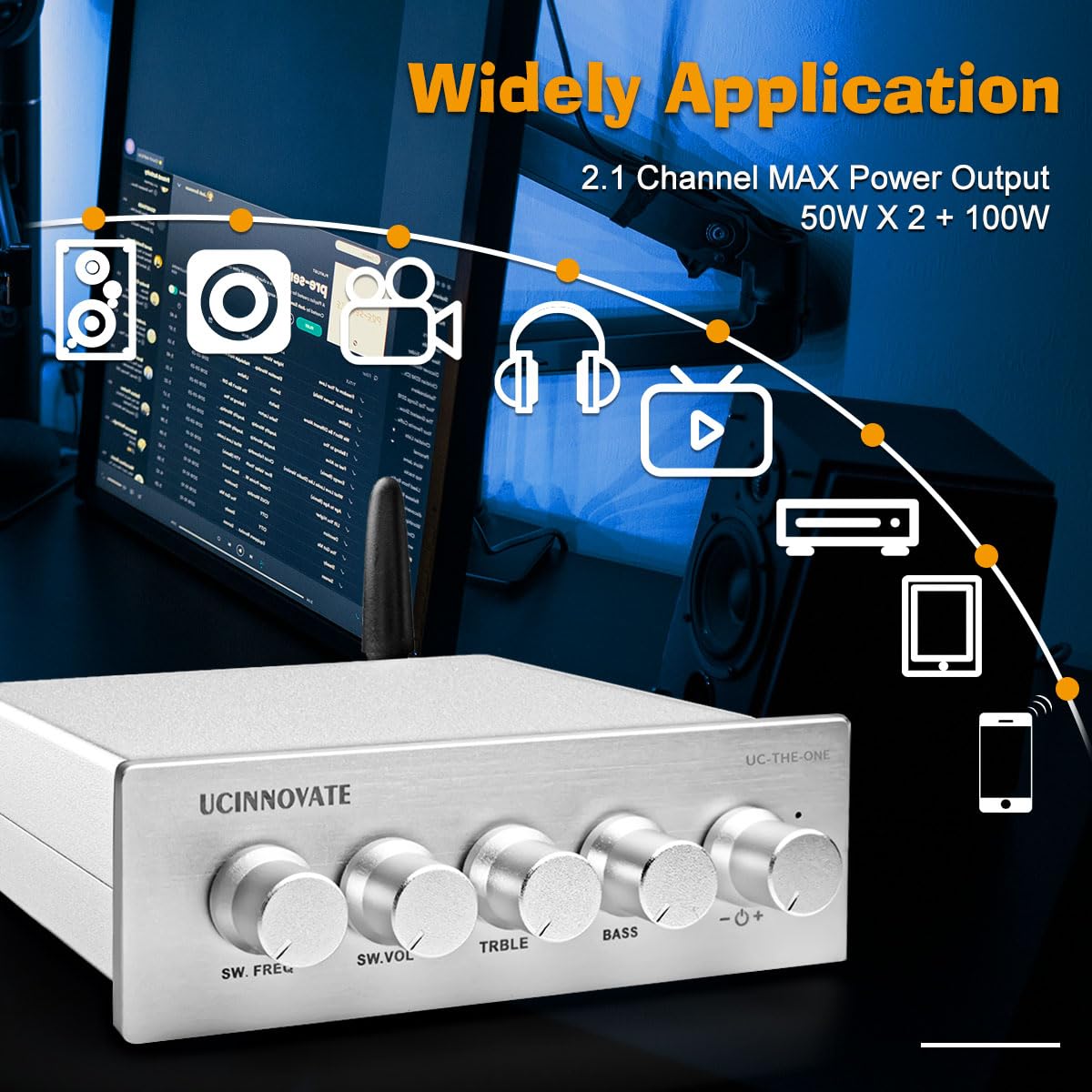 UCINNOVATE Bluetooth Stereo Audio Receiver Amplifier, Hi-Fi Class D Audio Amp with Subwoofer AUX Output, Bluetooth Power Amplifier 2.1 Channel Digital Amplifier for Home Speakers, 100W x 2 + 50W