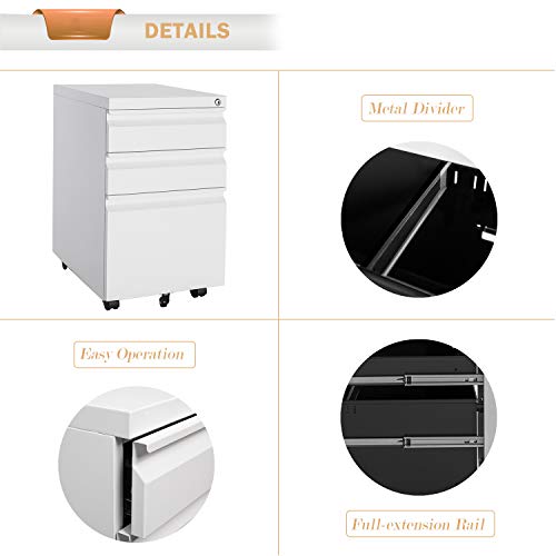 Bonnlo White 3 Drawer File Cabinet with Lock, Rolling File Cabinet for Home Office, Locking File Cabinet Under Desk Filing Cabinet Mobile Office Drawers with Pencil Tray, Assembly Required, 23.6" H