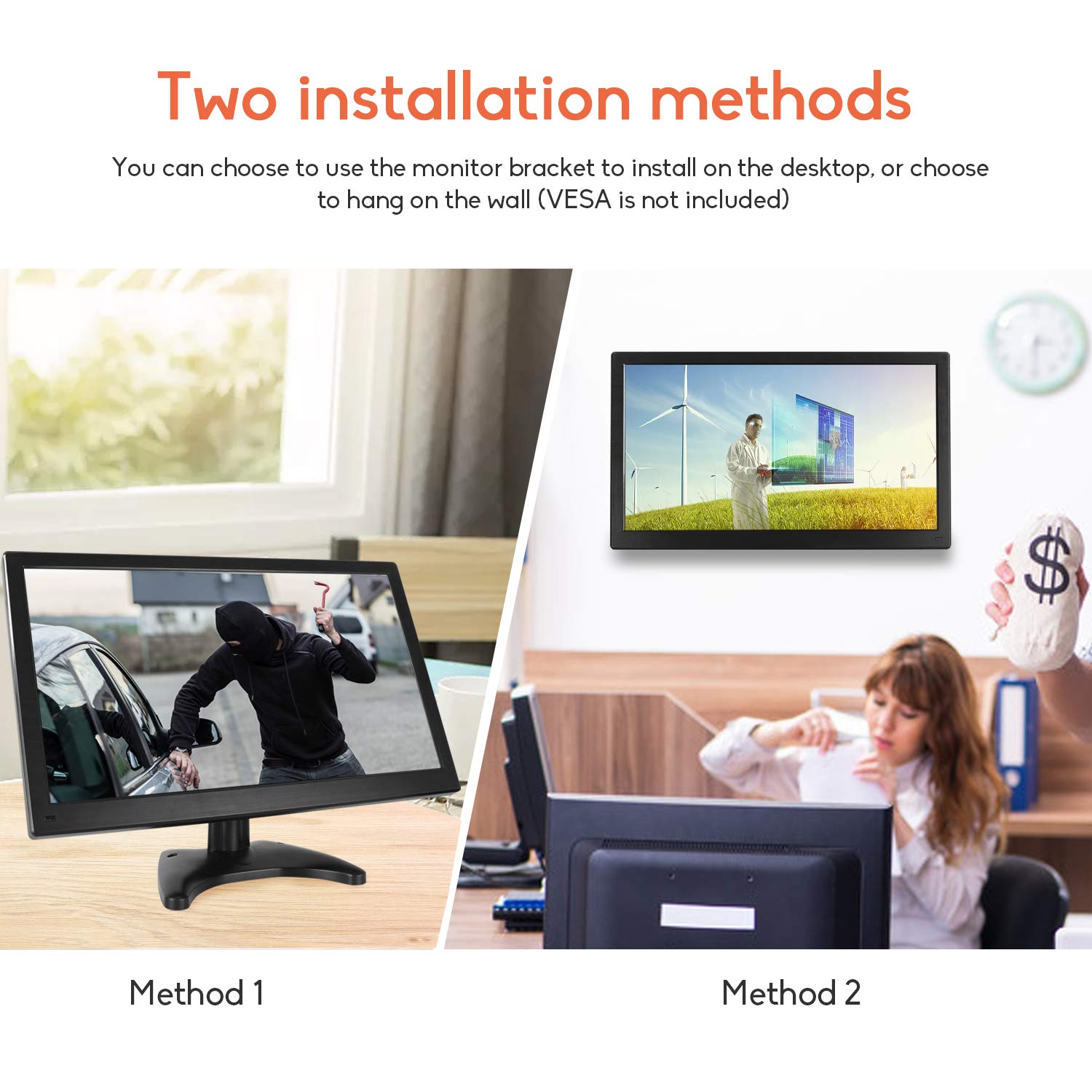 WHOLEV 15.6" IPS Security Monitor 1080 FHD Color Screen with Remote Control AV VGA HDMI BNC USB Input 178° Wide Angle Built-in Speaker for Gaming Display DVD DVR