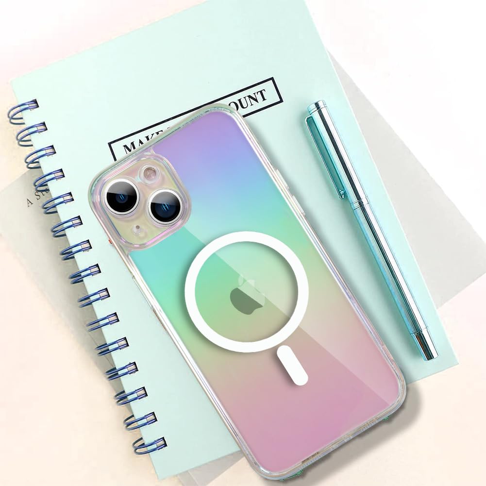 Bonoma for iPhone 13 Case Magnetic 【Support for MagSafe】 Bling Laser Florescent Iridescent Crystal Luxury Case Camera Protector + 2* Screen Protector Shockproof Edge Cover Case -Clear