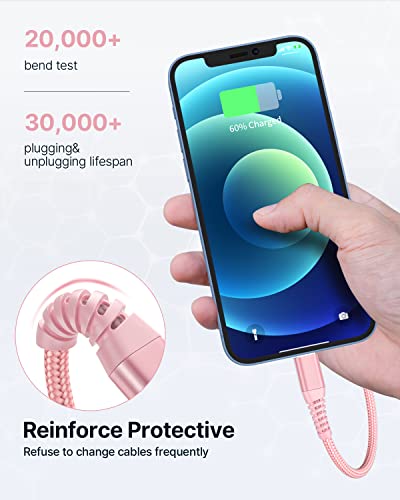 Long iPhone Charger 10 ft 2Pack, (Apple Certified) Lightning Cable 10 Foot Nylon Braided Fast Charging Extra Long 10ft iPhone Cord Compatible with iPhone 13 12 11 XS XR 10 8 7 6 Plus - Pink