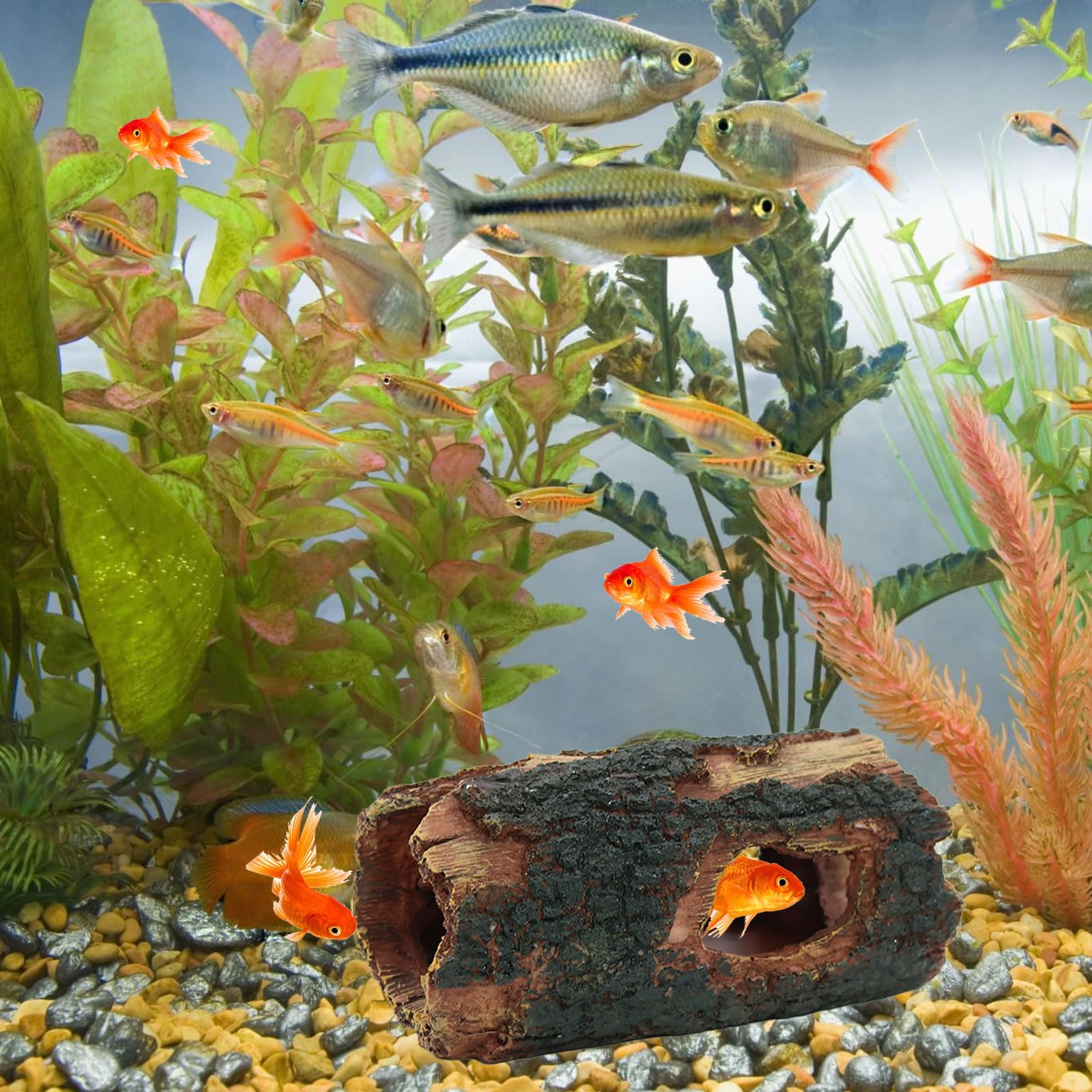 Dexspoeny 3Pcs Reptile Hide Cave Small Lizard Reptile Food&Water Bearded Dragon Bowls Accessories,Natural Resin Hollow Tree Trunk Hideout,Hermit Crab Supplies Trunk Snake Gecko Frogs Fish Tanks Decor