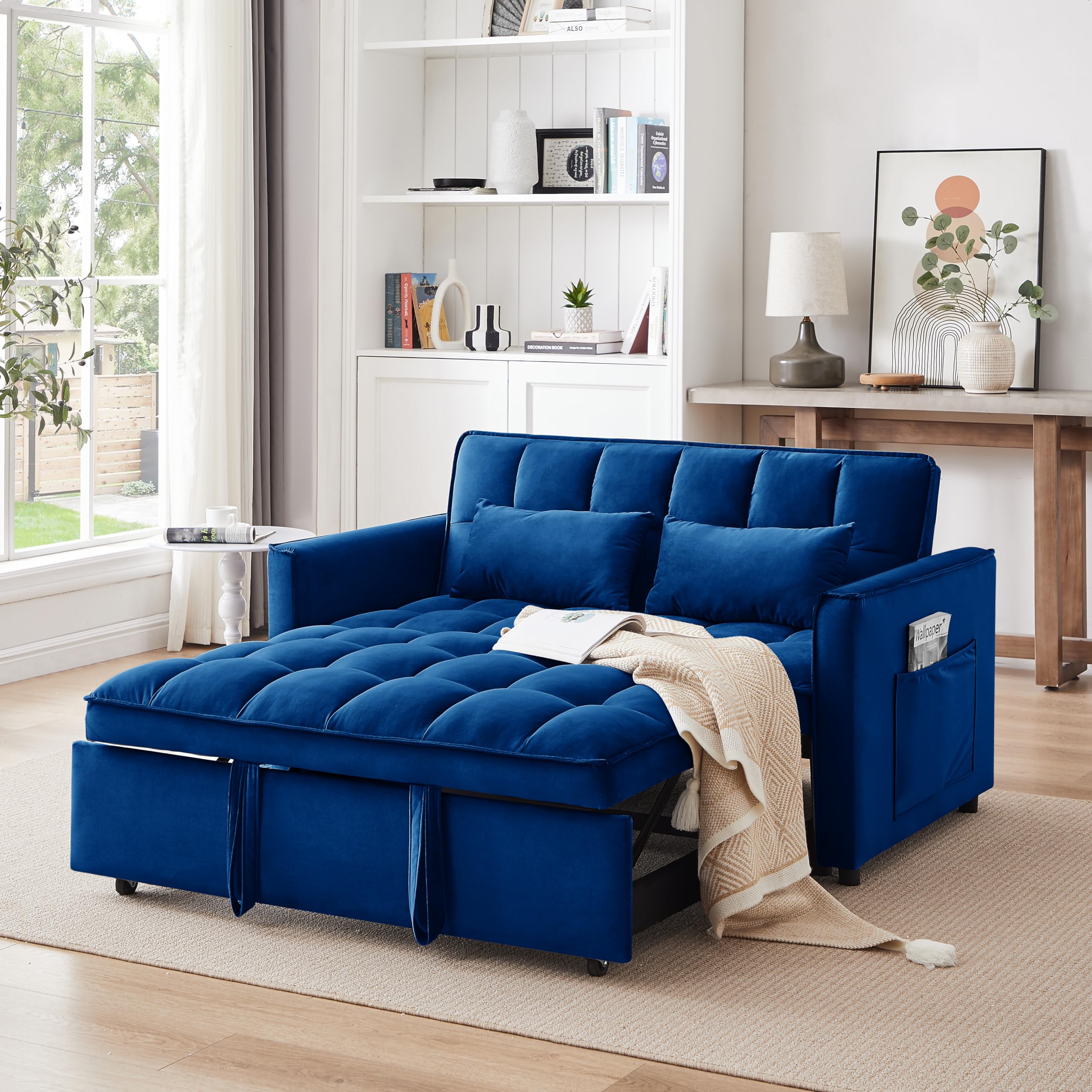 DESIGNER97 Modern 55.5" Pull Out Sleep Sofa Bed Velvet 2 Seater Loveseats Sofa Couch with Side Pockets, Adjsutable Backrest and Lumbar Pillows for Apartment Office Living Room Beige