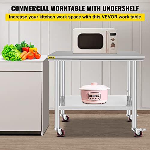 Mophorn Stainless Steel Work Table 36x24 Inch with 4 Wheels Commercial Food Prep Worktable with Casters Heavy Duty Work Table for Commercial Kitchen Restaurant